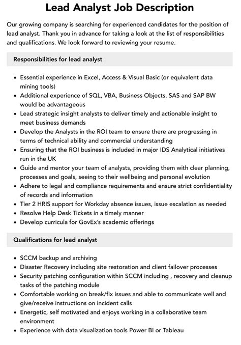 Lead Analyst Job Description Velvet Jobs Lead Analyst Job Description Velvet Jobs