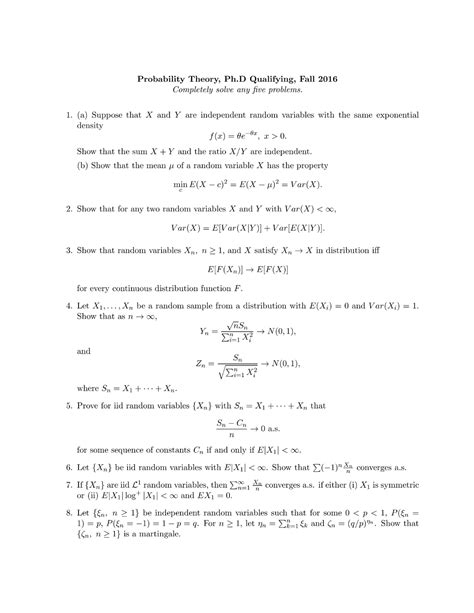 Exma 206 Probaility Exam Probability Theory Ph Qualifying Fall