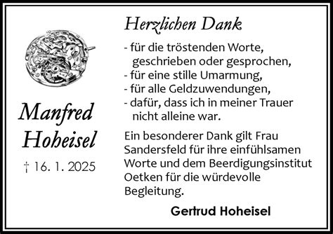 Traueranzeigen Von Manfred Hoheisel Noz Trauerportal