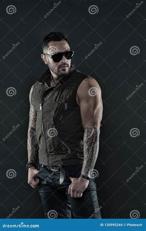 Tattooed Man With Biceps And Triceps Tattoo Model With Beard On