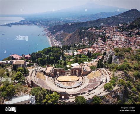 Aerial View Of The Ancient Greek Theatre Of Taormina Sicily Italy