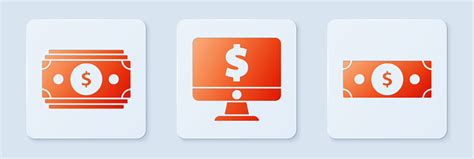 달러 기호와 컴퓨터 모니터를 설정 종이 돈 현금을 스택 과 스택 종이 돈 현금 흰색 정사각형 버튼 벡터 0명에 대한 스톡 벡터 아트 및 기타 이미지 Istock