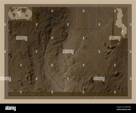 Neno District Of Malawi Elevation Map Colored In Sepia Tones With Lakes And Rivers Corner