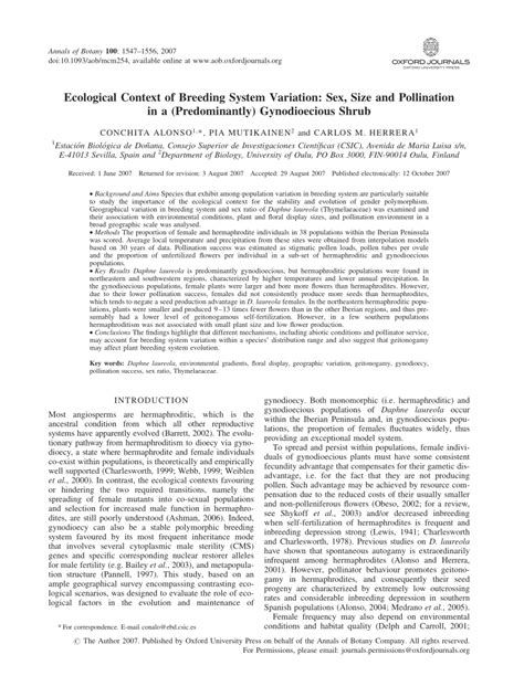 Pdf Ecological Context Of Breeding System Variation Sex Size And