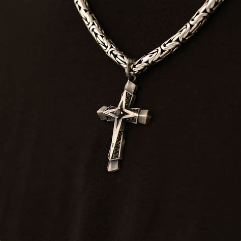 925 Silver Oxidized Men Cross Necklace With Black Zircon Stones Cross