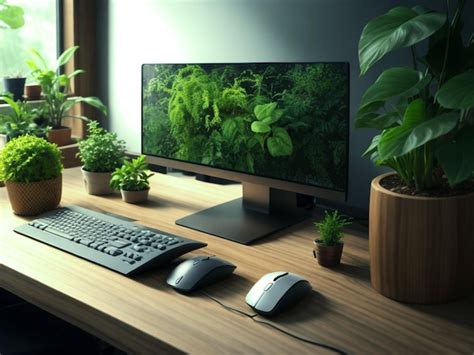 Premium Photo Creative Computer Desk Arrangement Stands On A Wooden Table Keyboard And Mouse