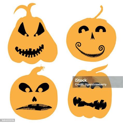 할로윈 얼굴과 캐릭터가 있는 호박의 실루엣 세트 할로윈 호박 컬렉션 모양 눈 코 감정 소름 끼치고 으스스한 요소 장식 벡터 10월에 대한 스톡 벡터 아트 및 기타 이미지