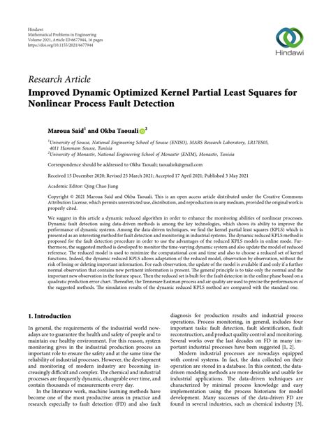 Pdf Improved Dynamic Optimized Kernel Partial Least Squares For Nonlinear Process Fault Detection