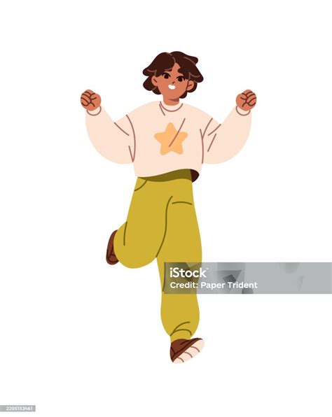 행복한 흑인 소년이 기쁨에 넘쳐 두 손을 들고 달린다 귀여운 아이는 성공 승리 승리를 기뻐합니다 재미 있는 아이 학생이 휴일 여름 방학을 축하합니다 흰색 배경에 평면 절연