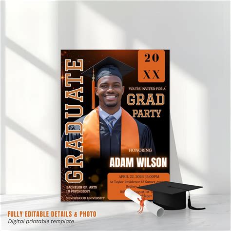Men Graduation Announcement 2026 Invitation Orange Black Senior Grad