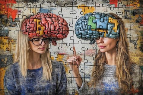 Two Women With Puzzle Brain Representing The Concept Of Problem Solving Cognitive Challenges And