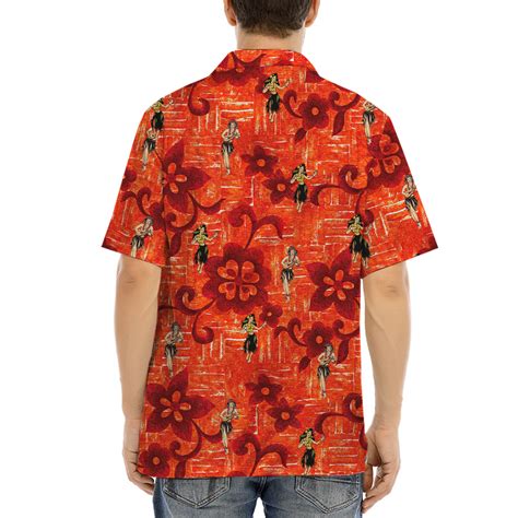 Vintage Hula Girl Dancing Orange Aloha Shirt Vinco