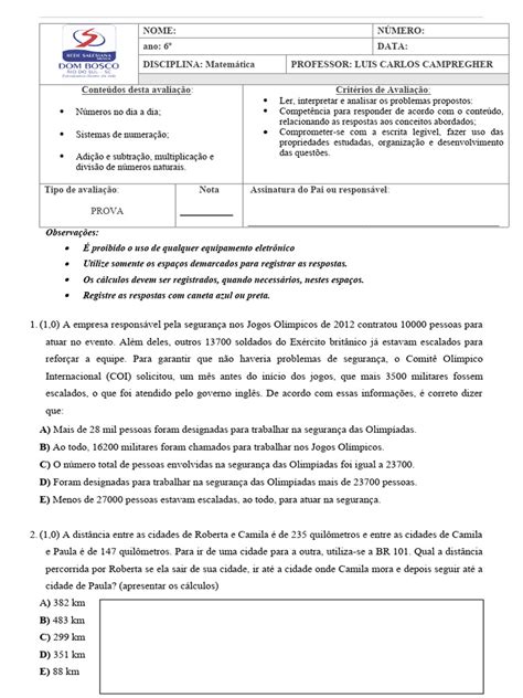 Prova 1 Matemática 6o Ano Pdf Jogos Olímpicos Matemática