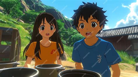 Anime Characters In A Japanese Village Setting Premium Ai Generated Image