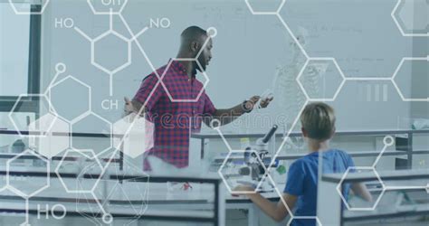 Animation Of Elemental Diagrams Over African American Male Teacher And