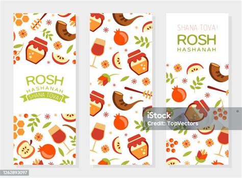 샤나 토바 수직 배너 템플릿 세트 로쉬 하샤나 전통 유대인 설 연휴 포스터 엽서 또는 휴일 원활한 패턴 벡터 일러스트레이션의 기호가 있는 초대장 0명에 대한 스톡 벡터 아트