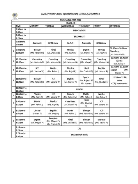 9gradetimetable2024 Pdf