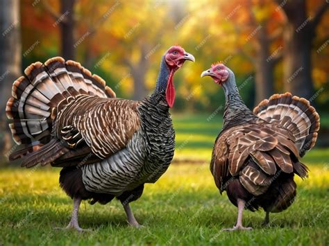 Two Turkeys Are Standing In The Grass One Of Them Has A Red Beak