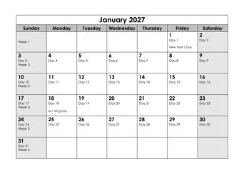 2027 Julian Monthly Calendar Free Printable Templates