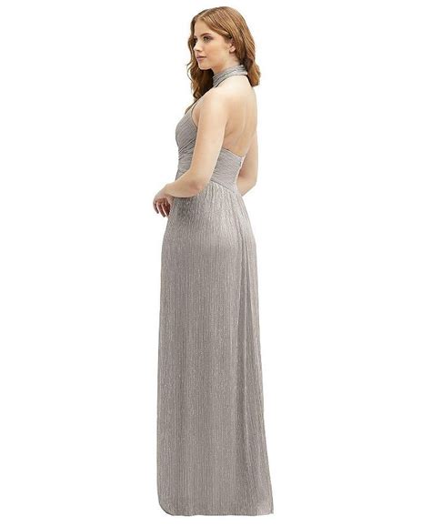 After Six Plus Size Band Collar Halter Open Back Metallic Pleated Maxi