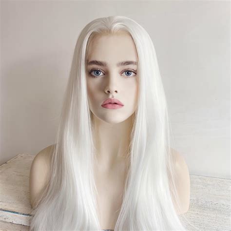 Women White Lace Front Long Straight Widow Peak Hairline Wig