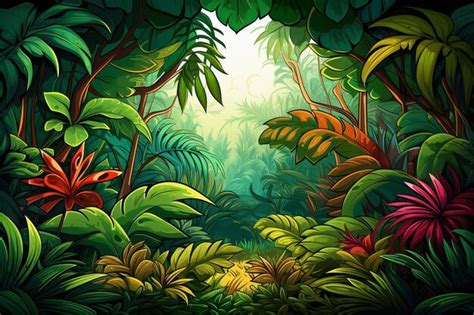 Premium Photo Colored Jungle Composition Big Green Leaves And Trees