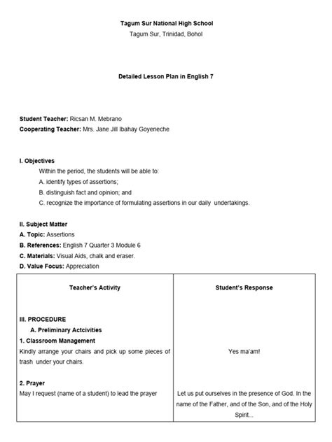 Lesson Plan Assertion Pdf Cognition