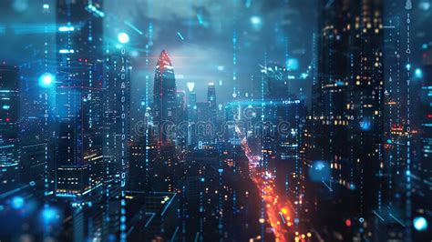 Futuristic City Skyline Merging With Digital Code Symbolizing Business
