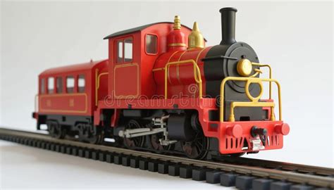Detailed Close Up Of Vintage Red Toy Steam Engine Train With Passenger