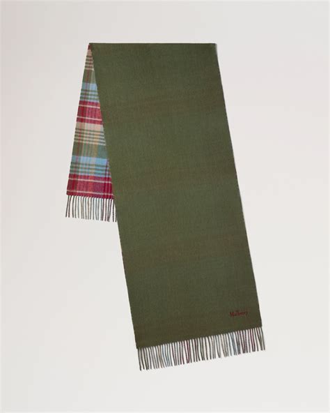 Mulberry Large Reversible Heritage Check Scarf Moss And Sky Blue Merino