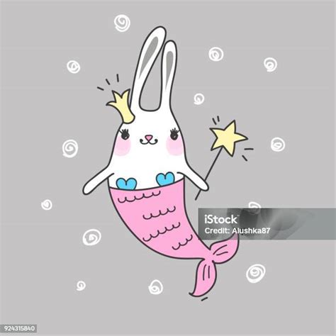 Cute Cartoon Rabbit Mermaid Funny Bunny Mermaid Stock Illustration