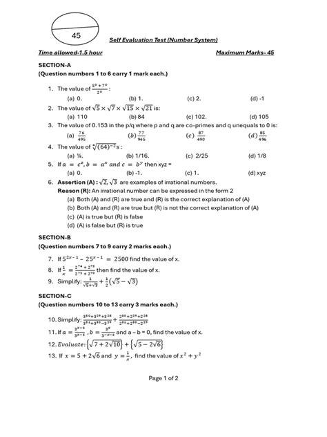 Self Evaluation Test Number System Pdf Rational Number