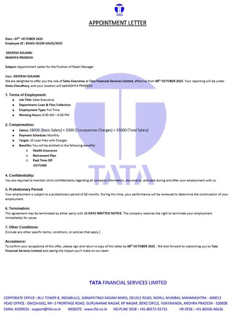 Deepesh Solanki Tata Financial Services Limited Appointment Letter