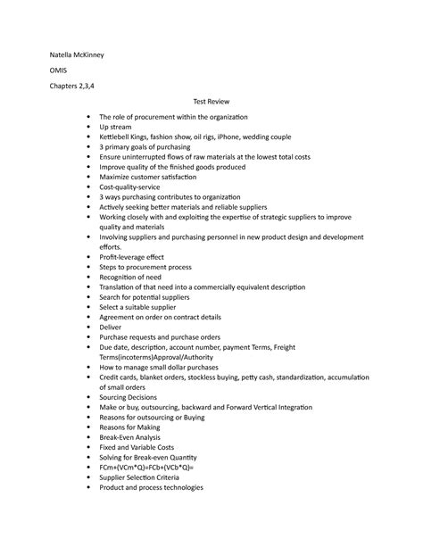 Supply Chain Notes Natella Mckinney Omis Chapters 23 Test Review The Role Of Procurement