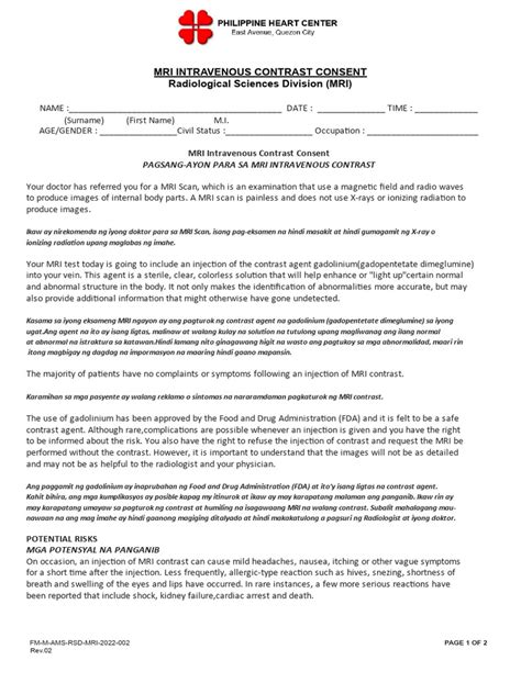 Mri Intravenous Contrast Consent Pdf Magnetic Resonance Imaging Medical Imaging