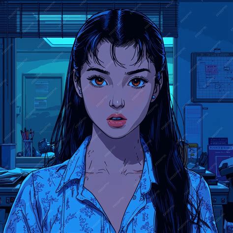 Anime Girl With Blue Eyes And Long Black Hair In A Blue Shirt Premium