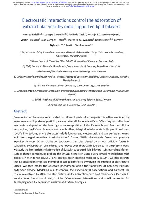 Pdf Electrostatic Interactions Control The Adsorption Of Extracellular Vesicles Onto Supported