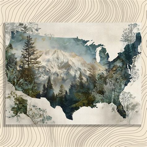 United States Map Canvas Wall Art Watercolor Mountains Forest Nature