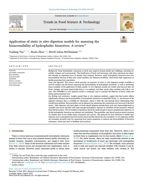 2022 Application Of Static In Vitro Digestion Models For Assessing The