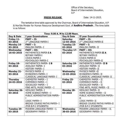 Andhra Pradesh Intermediate Exam Time Table 2016 Released
