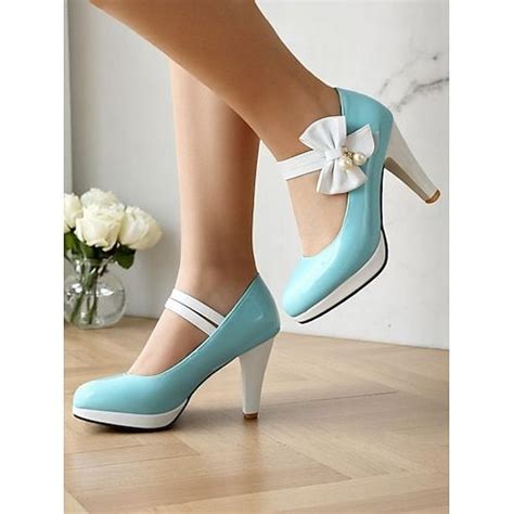 Womens 1950s Vintage Blue Patent Leather Heels With White Bow And
