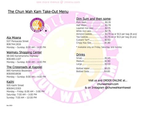 Online Menu Of Chun Wah Kam Noodle Factory Restaurant Honolulu Hawaii