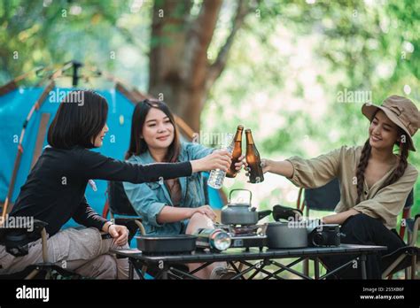 Group Beautiful Asian Women Friends Travelers Relaxing At Front Of Camping Tent They Enjoy To