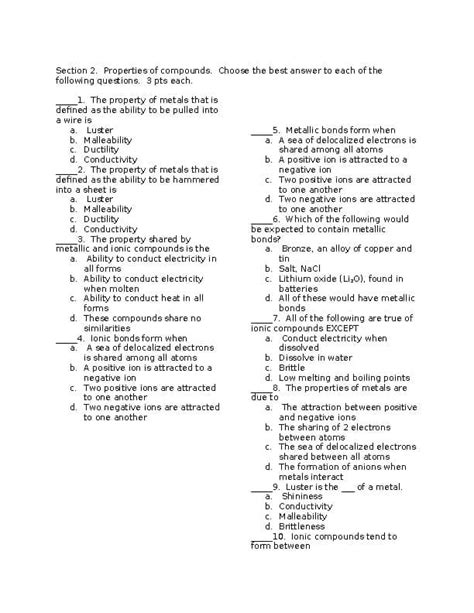 Chemistry Test Ionic And Metallic Compounds Tpt