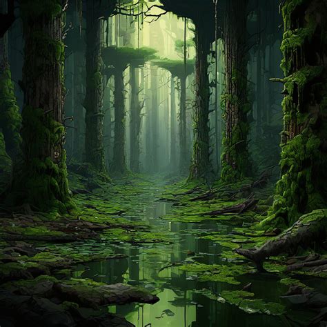 Cartoon Style Ruins Of A Dense Forest Of Trees In Poison Pud By