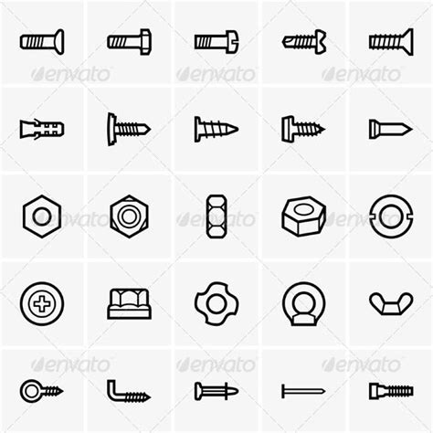 Set Of Screw And Screw Nut Icons