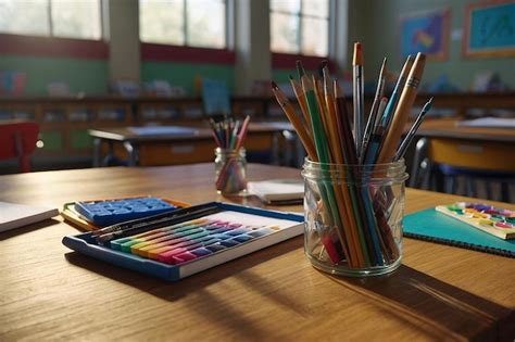 Classroom With Art Supplies On Tables Premium Ai Generated Image