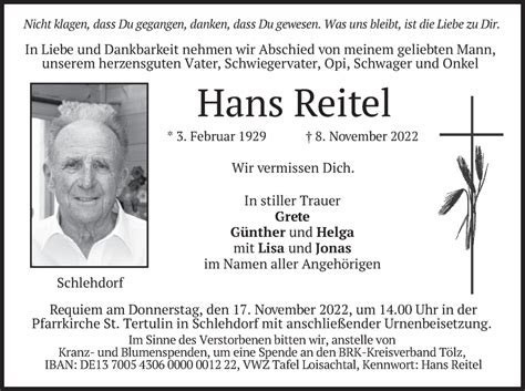 Traueranzeigen Von Hans Reitel Trauer Merkur De