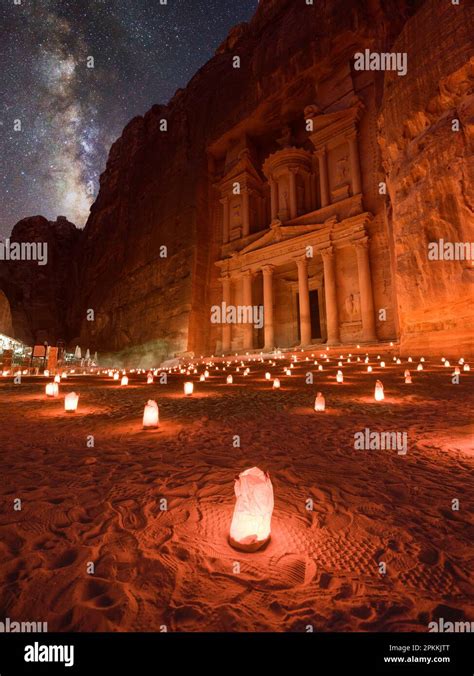Petra Treasury El Khazneh By Night Illuminated By Small Lanterns And