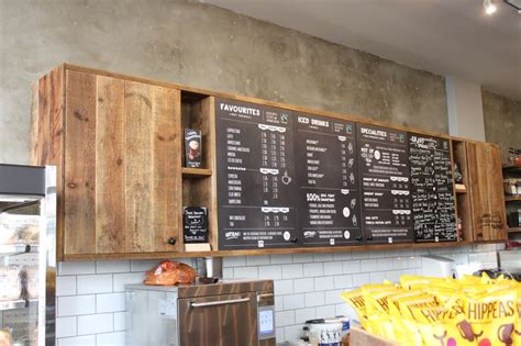 Reclaimed Wood Planks Wall Kitchen Cabinet With Menu Boards